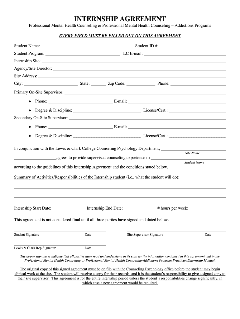 Fillable Online graduate lclark Internship bAgreement Formb - graduate lclark Fax Email Print ...