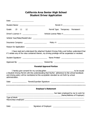 Fillable Online Student Driver Application - California Area School ...