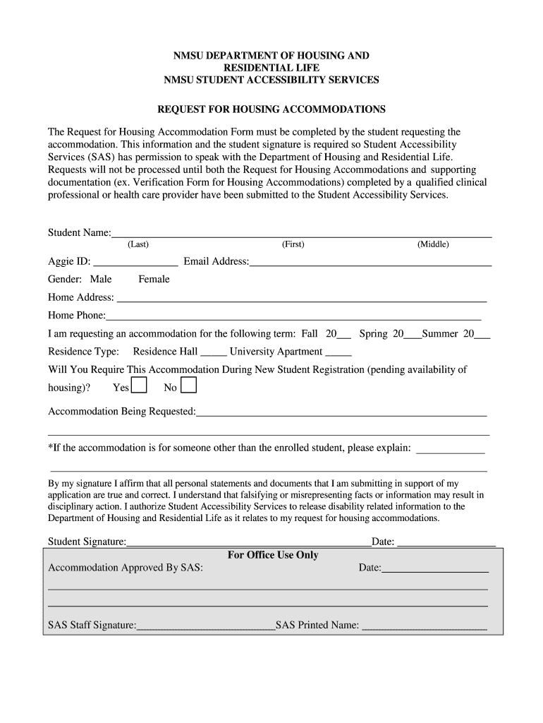 Fillable Online sas nmsu Housing Accommodation Request - Student Accessibility Services Fax ...