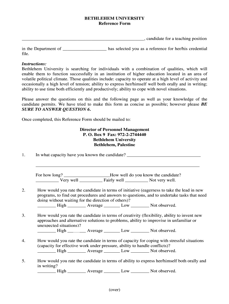 Fillable Online campus bethlehem REFERENCE FORM - bBethlehemb University Fax Email Print - pdfFiller