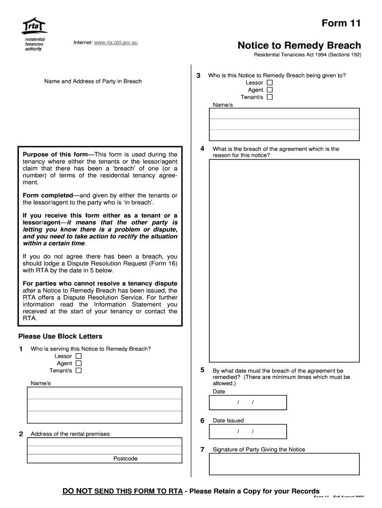 Fillable Online uq edu BForm 11b Notice to Remedy Breach Fax Email ...