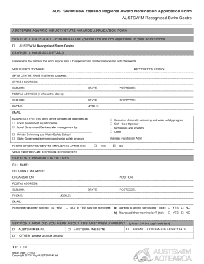 Fillable Online AUSTSWIM AQUATIC INDUSTY STATE AWARDS APPLICATION FORM ...