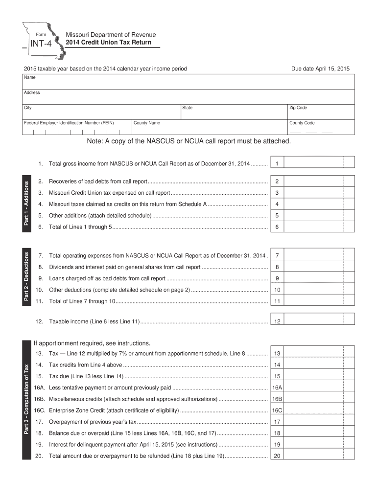 Fillable Online 2014 Credit Union Tax Return and Instructions (Form INT ...