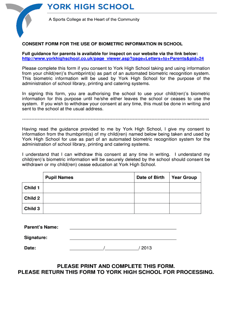 Fillable Online Consent Form for Storage of Biometric Data 2013 Fax ...