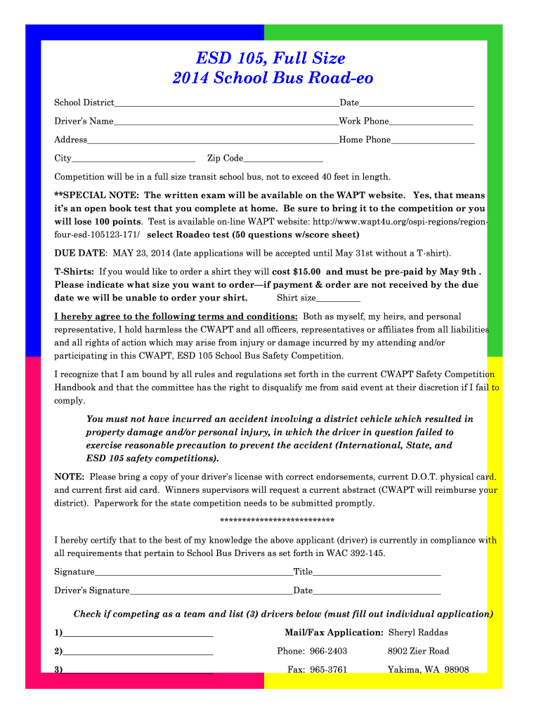 Fillable Online wapt4u ESD 105 Full Size 2014 School Bus Road-eo Fax ...