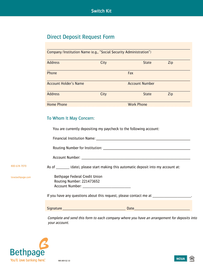 Fillable Online Switch Kit - Direct Deposit Switch Kit Checklist ...