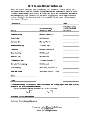 Fillable Online 2013 Tenant Holiday Schedule - 444flowercom Fax Email ...