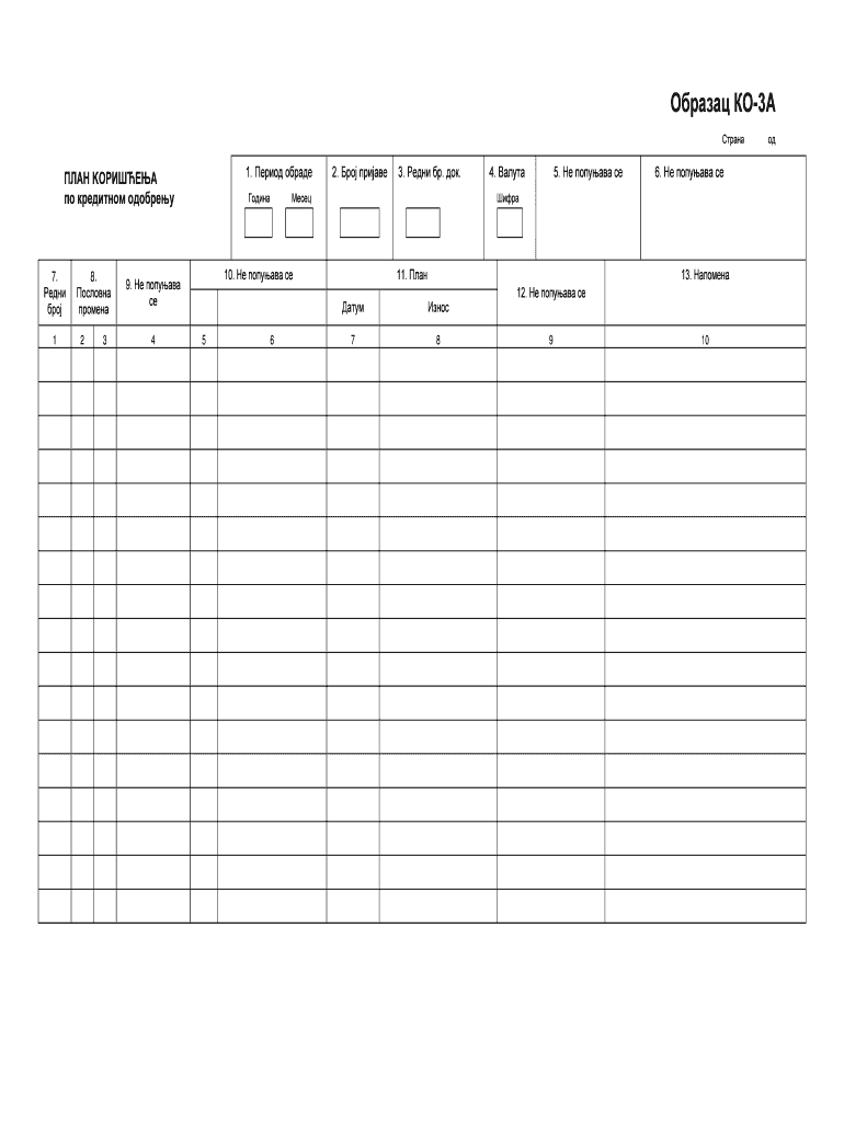 Fillable Online Obrazac KO-3A - PLAN KORIENJA PO KREDITNOM ODOBRENJU Fax Email Print - pdfFiller