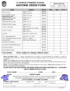 Fillable Online stpatrickspsgympie qld edu ST PATRICKS PRIMARY SCHOOL SHOP HOURS UNIFORM ORDER ...