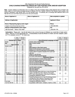 Fillable Online Child Characteristics Checklist ODJFS Form 01673A Fax ...