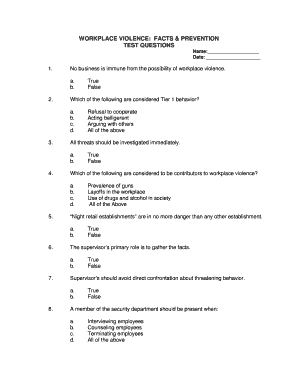 Fillable Online WORKPLACE VIOLENCE FACTS amp PREVENTION TEST QUESTIONS ...