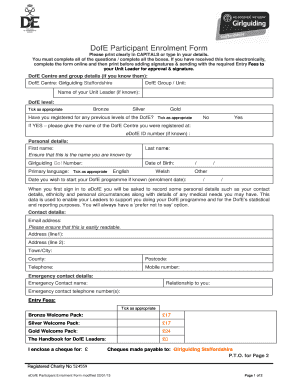 Fillable Online girlguidingstaffordshire org DofE Participant Enrolment ...