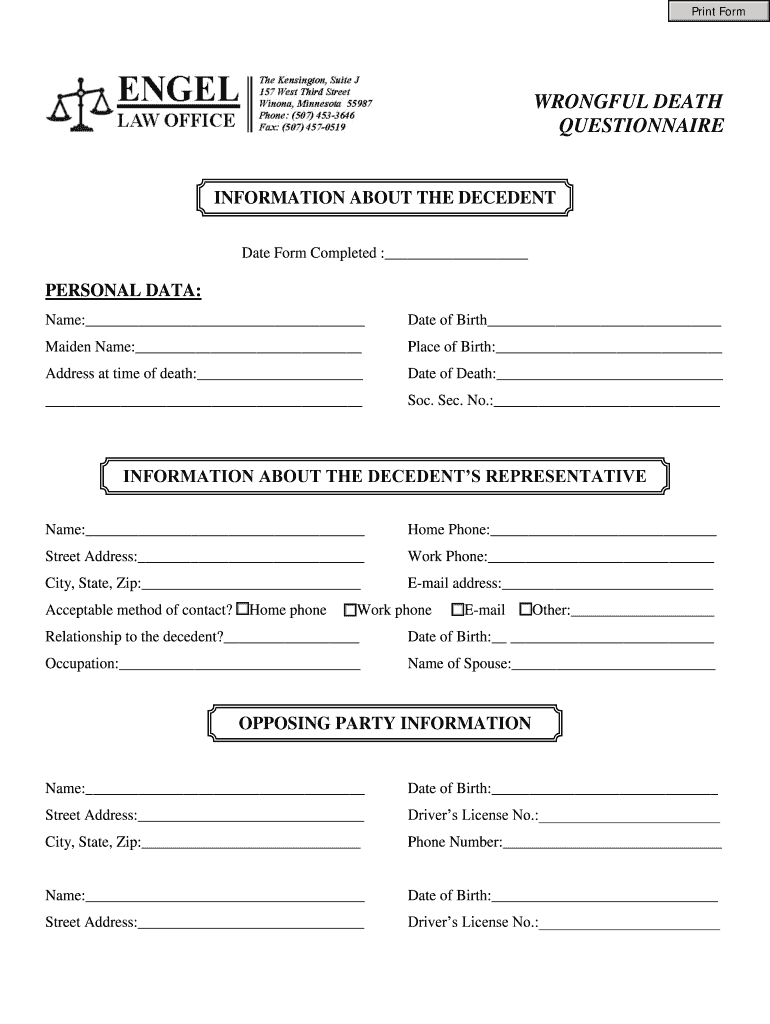 Fillable Online WRONGFUL DEATH QUESTIONNAIRE - Engel Law Firm Fax Email ...