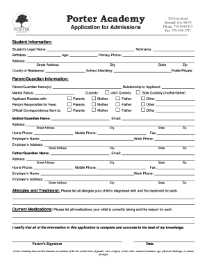 Fillable Online porteracademy Printable Application Form - Porter ...