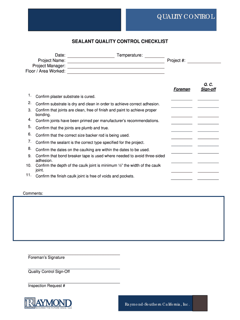 Fillable Online SEALANT QUALITY CONTROL CHECKLIST Fax Email Print - pdfFiller