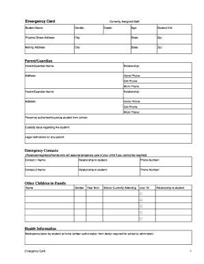 Fillable Online sdnh Emergency Card Parent/Guardian Emergency Contacts ...
