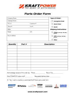 Fillable Online Parts Order Form - Kraft Power Fax Email Print - pdfFiller