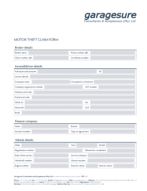 Fillable Online MOTOR THEFT CLAIM FORM - bGaragesureb Consultants and ...