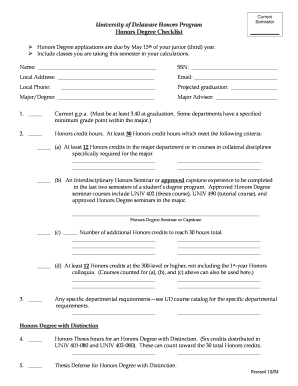 Fillable Online artcons udel Honors Degree Checklist Fax Email Print ...
