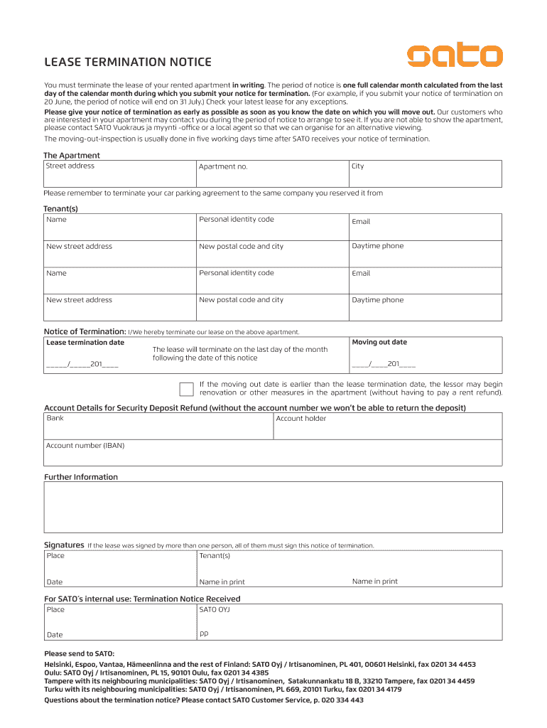 Fillable Online sato Bleaseb termination notice - Sato Fax Email Print ...