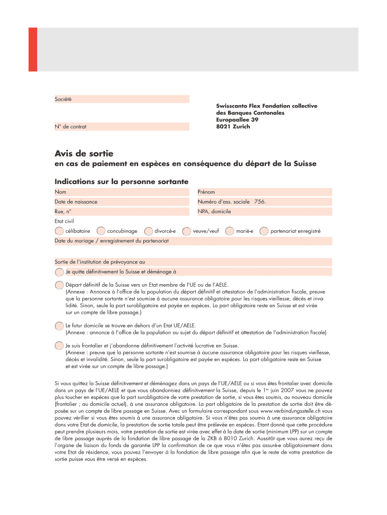 Fillable Online swisscanto Avis de sortie - Swisscanto Swisscanto Fax ...