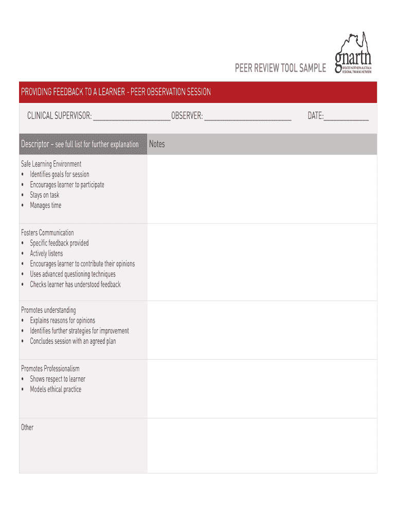 Fillable Online PROVIDING FEEDBACK TO A LEARNER - PEER OBSERVATION ...