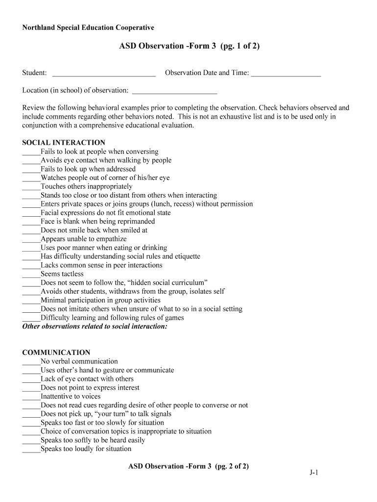 Fillable Online northlandsped ASD Observation -Form 3 pg 1 of 2 Fax ...