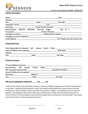 Fillable Online New GYN Patient Form - Seasons Medical Fax Email Print ...