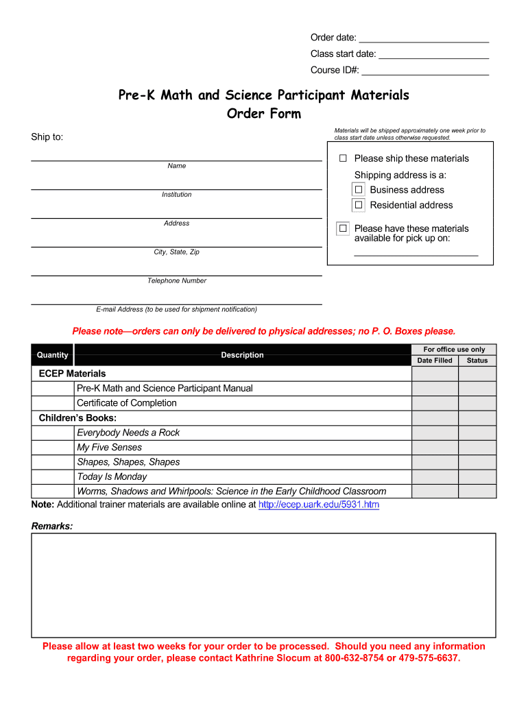 Fillable Online Pre-K Math and Science Participant Materials Order Form ...
