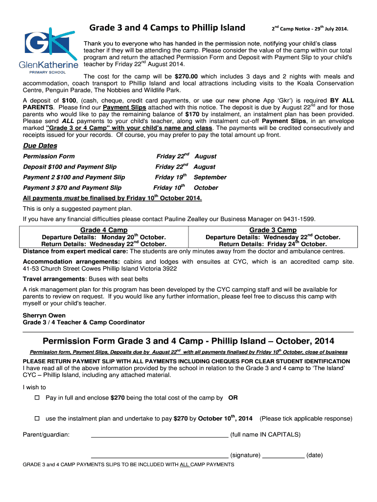 Fillable Online glenkps vic edu Grade 3 and 4 Camps to Phillip Island ...
