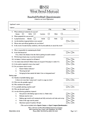 Fillable Online Baseball/Softball Questionnaire - Eccher Insurance. Fax ...
