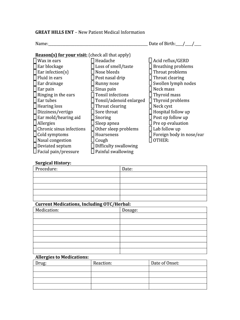 Fillable Online New Patient Medical Form 1 better - Great Hills ENT Fax ...
