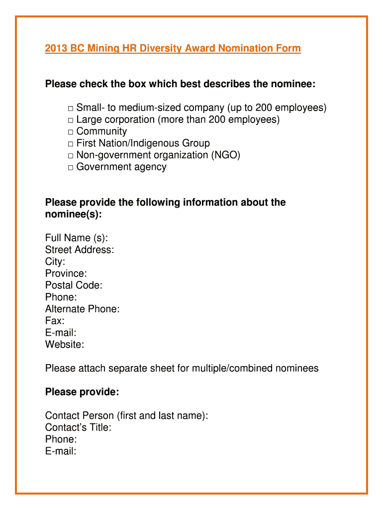 Fillable Online acareerinminingbc 2013 BC Mining HR Diversity Award ...