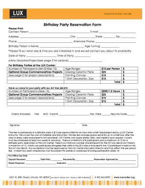Fillable Online luxcenter Birthday Party Reservation Form - Lux Center ...