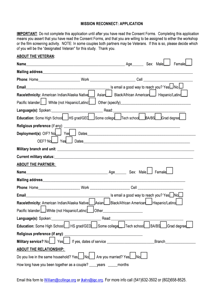 Fillable Online collinge MISSION RECONNECT APPLICATION IMPORTANT ABOUT ...