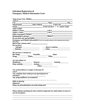 Fillable Online Individual Registration Emergency Medical Information ...