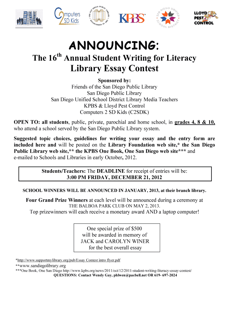 Fillable Online supportmylibrary Annual Student Writing for Literacy ...