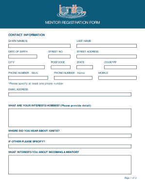 Fillable Online MENTOR REGISTRATION FORM - Ignite Mentor Fax Email ...