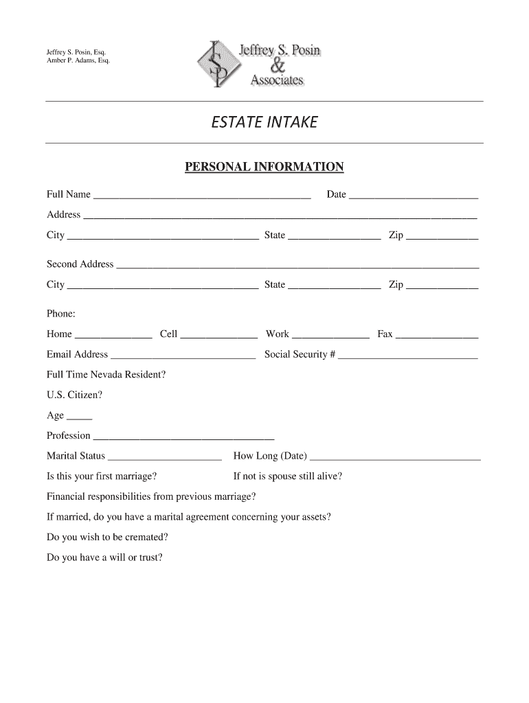 Fillable Online Estate Intake2015.pdf - Jeffrey S. Posin & Associates ...