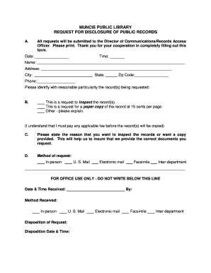 Fillable Online munciepubliclibrary MUNCIE PUBLIC LIBRARY REQUEST FOR DISCLOSURE OF PUBLIC ...