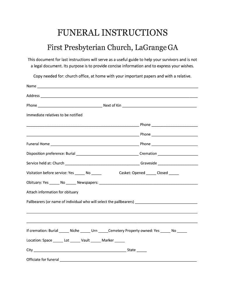 Fillable Online fpclagrange FUNERAL INSTRUCTIONS - First Presbyterian ...