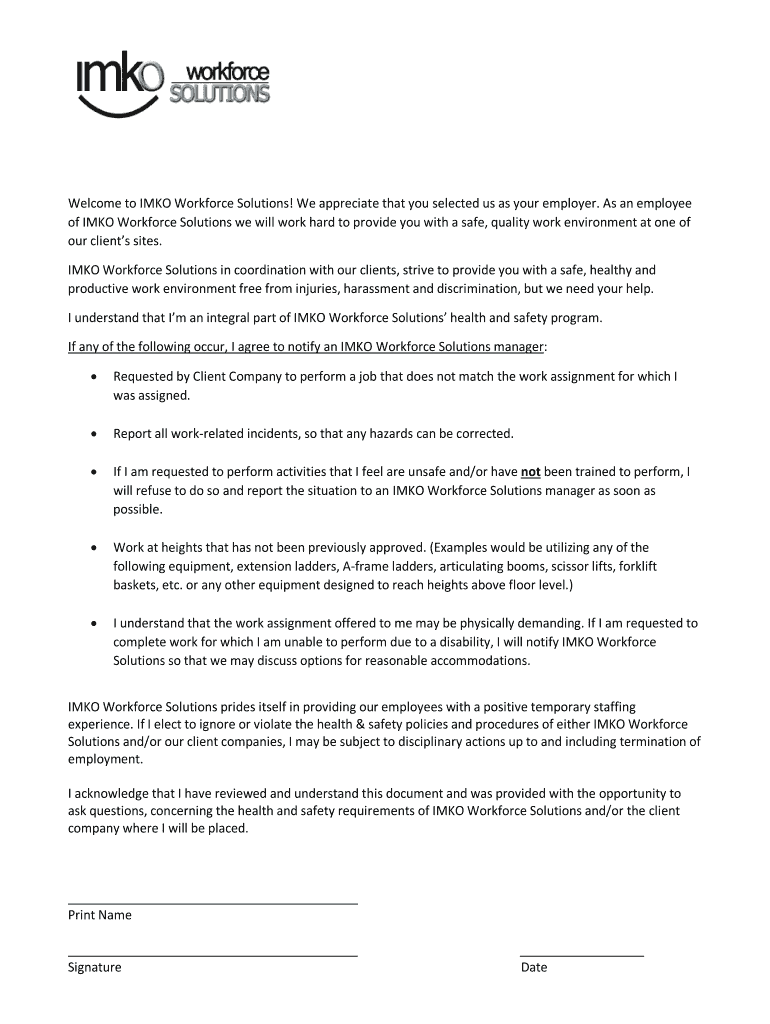 Fillable Online Employee Safety Agreement - IMKO Workforce Solutions ...