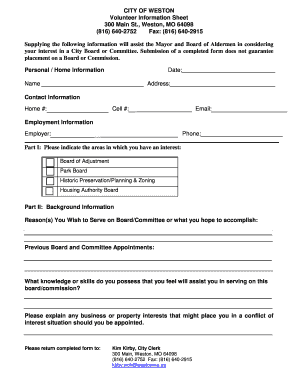 Fillable Online westonmo CITY OF WESTON Volunteer Information Sheet 300 ...