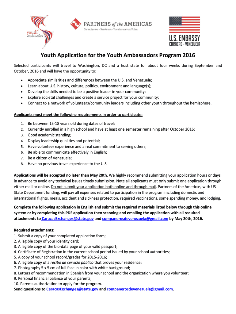Fillable Online Youth Application for the Youth Ambassadors Program ...