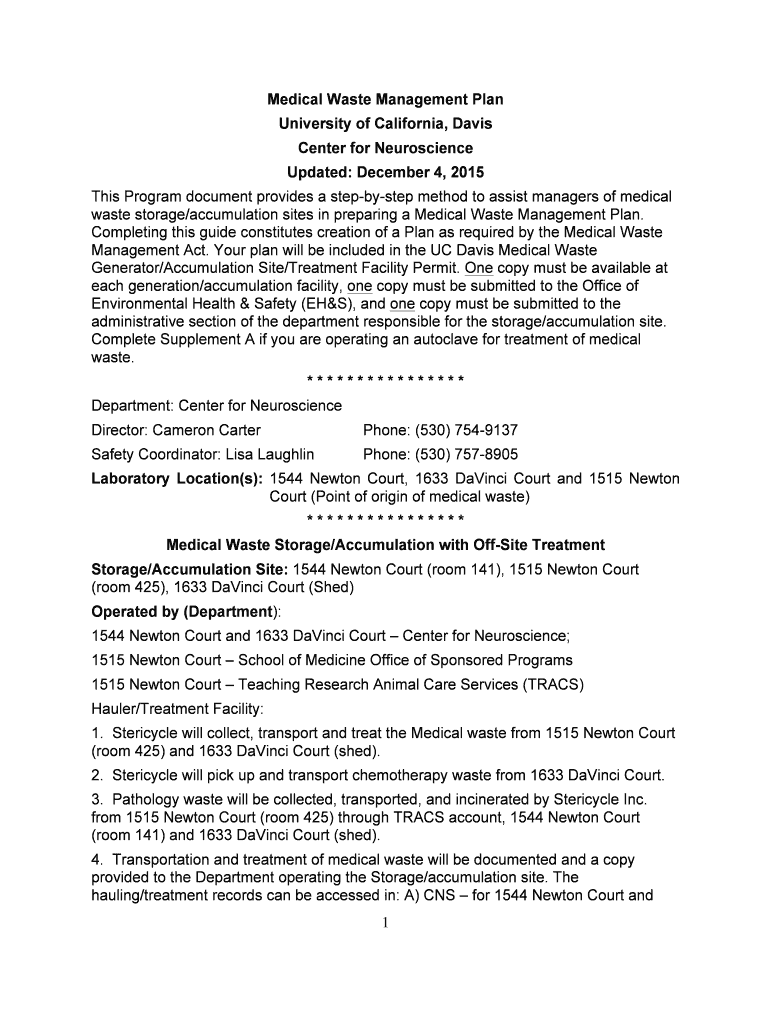 Fillable Online 1 Medical Waste Management Plan University of ...