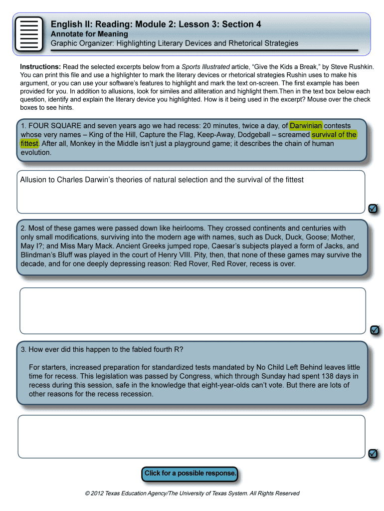 Fillable Online ontrack-media English II: Reading: Module 2: Lesson 3: Section 4 Annotate for ...