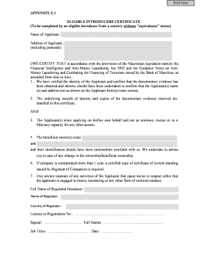 Fillable Online APPENDIX E1 ELIGIBLE INTRODUCERS CERTIFICATE To be Fax ...