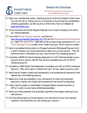Fillable Online Switch Kit Checklist - Summit Federal Credit Union Fax ...