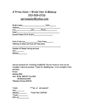 Fillable Online aprimasalon A Prima Salon Bridal Hair amp bMakeupb Fax Email Print - pdfFiller