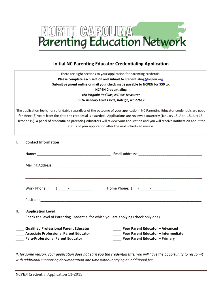 Fillable Online ncpen Initial NC Parenting Educator Credentialing ...